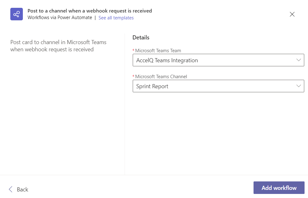 Create a Webhook URL for a Microsoft Teams channel – ACCELQ